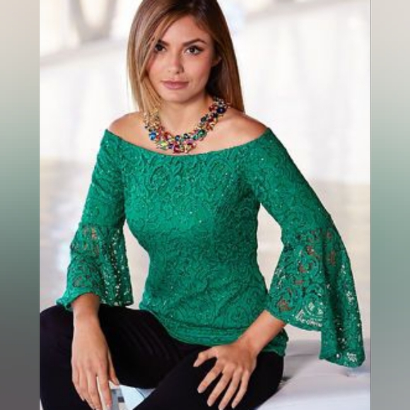 Boston Proper | Tops | Boston Proper Green Lace Off The Shoulder Bell ...